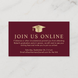 Elegant Burgundy Gold Online Graduation Party Enclosure Card | Zazzle