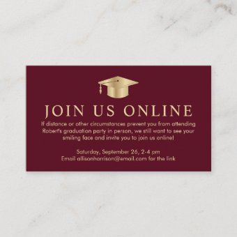 Elegant Burgundy Gold Online Graduation Party Enclosure Card | Zazzle