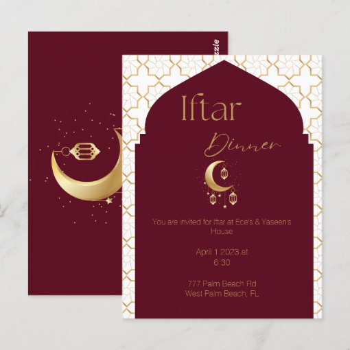Elegant Burgundy & Gold Ramadan Iftar Invitation Postcard | Zazzle