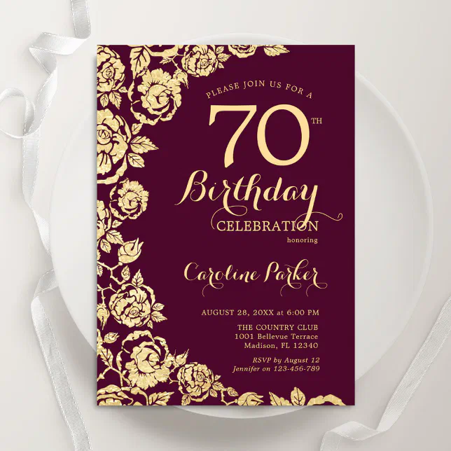 Elegant Burgundy Gold Roses 70th Birthday Invitation | Zazzle