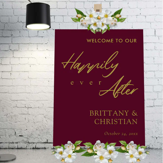 Elegant Burgundy & Gold Wedding Welcome Sign | Zazzle