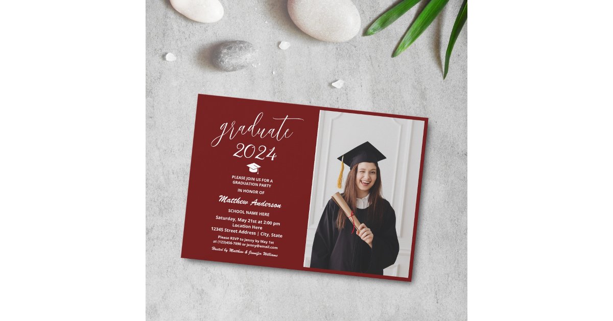 Elegant Burgundy Graduate 2024 Graduation Photo Invitation | Zazzle