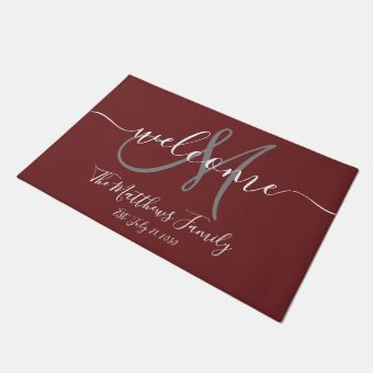 Elegant Burgundy Grey Monogram Script Name Wedding Doormat | Zazzle