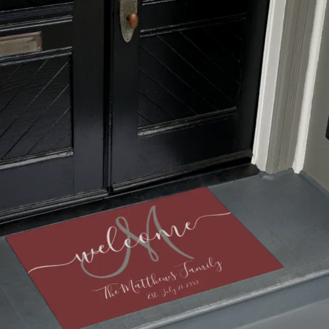 Elegant Burgundy Grey Monogram Script Name Wedding Doormat | Zazzle