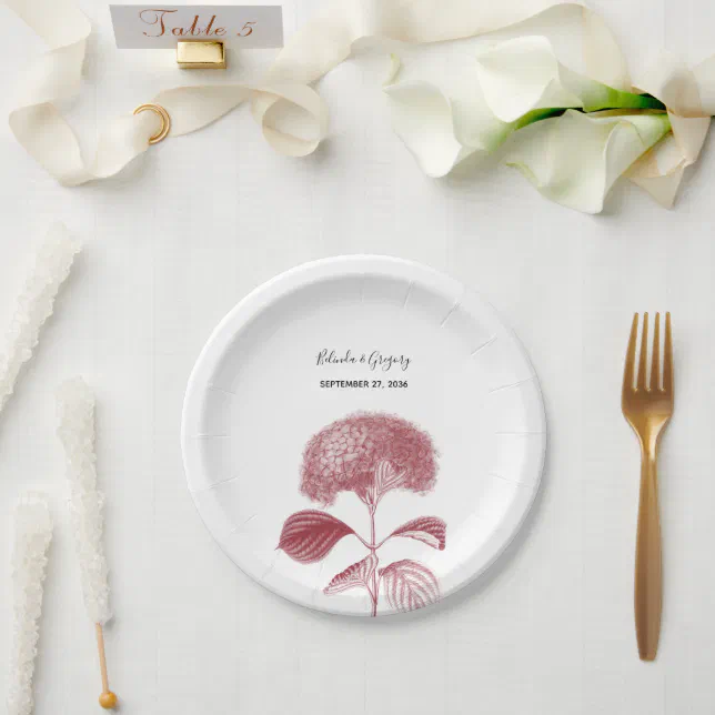 Elegant Burgundy Hydrangea Wedding Paper Plates | Zazzle