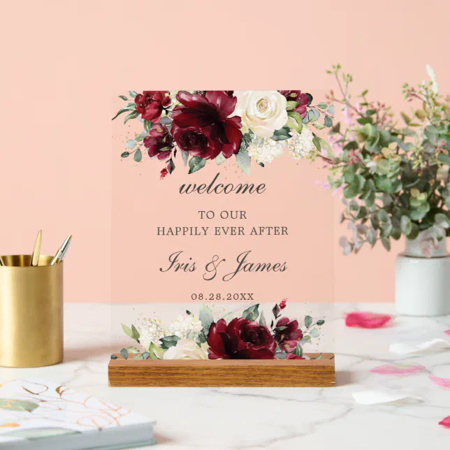 Elegant Burgundy Ivory Floral Wedding Welcome Acrylic Sign | Zazzle