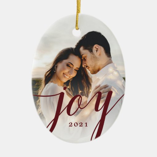 Elegant Burgundy Joy Script Photo Christmas Ceramic Ornament | Zazzle