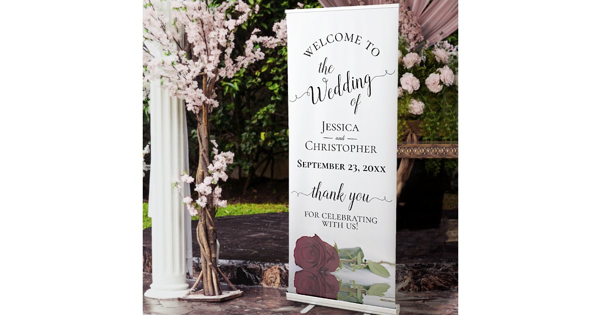 Elegant Burgundy Maroon Rose Wedding Welcome Retractable Banner | Zazzle