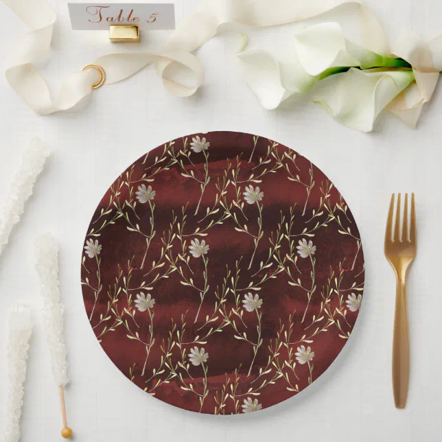 Elegant Burgundy Marsala Floral Party Paper Plates | Zazzle