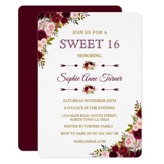 Elegant Burgundy Marsala Floral Sweet 16 Invite | Zazzle.com