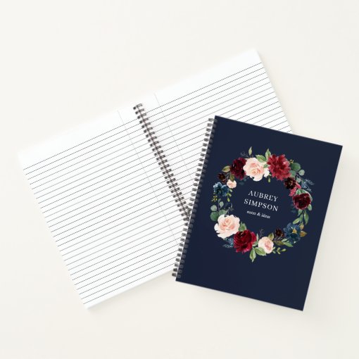 Elegant Burgundy Navy Blue Flowers Notebook | Zazzle