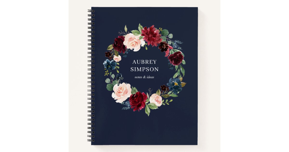 Elegant Burgundy Navy Blue Flowers Notebook | Zazzle