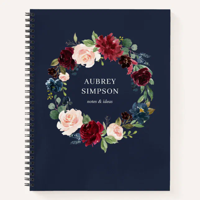 Elegant Burgundy Navy Blue Flowers Notebook | Zazzle