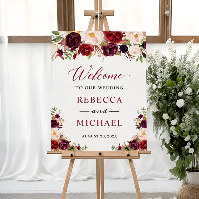Elegant Burgundy Red Blush Floral Wedding Sign | Zazzle