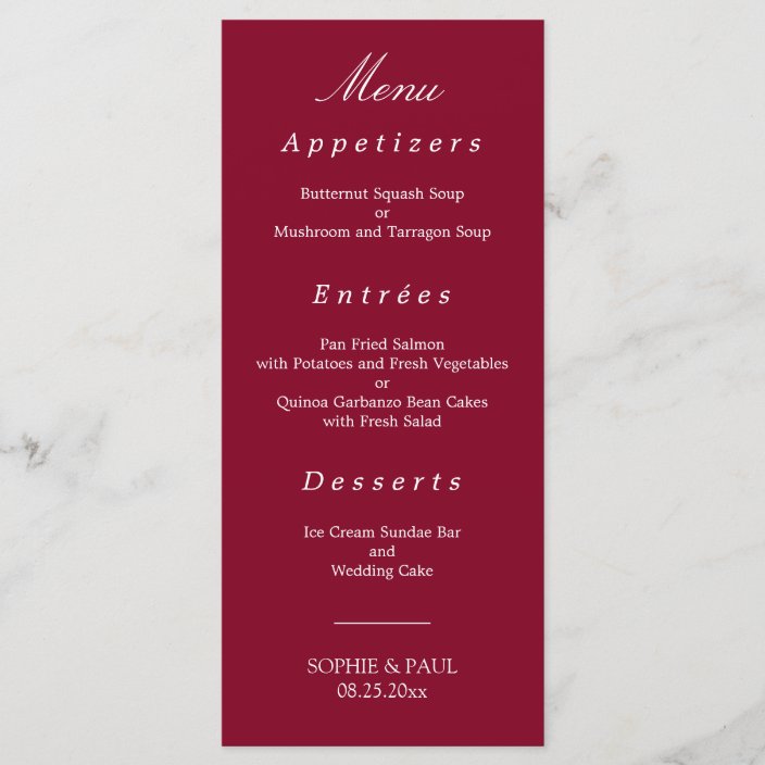 Elegant Burgundy Red Wedding Menu | Zazzle