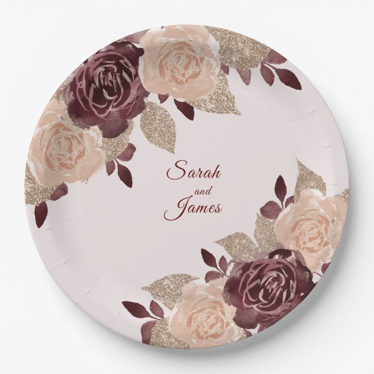 Elegant Burgundy Rose Gold Glitter Floral Wedding Paper Plates | Zazzle