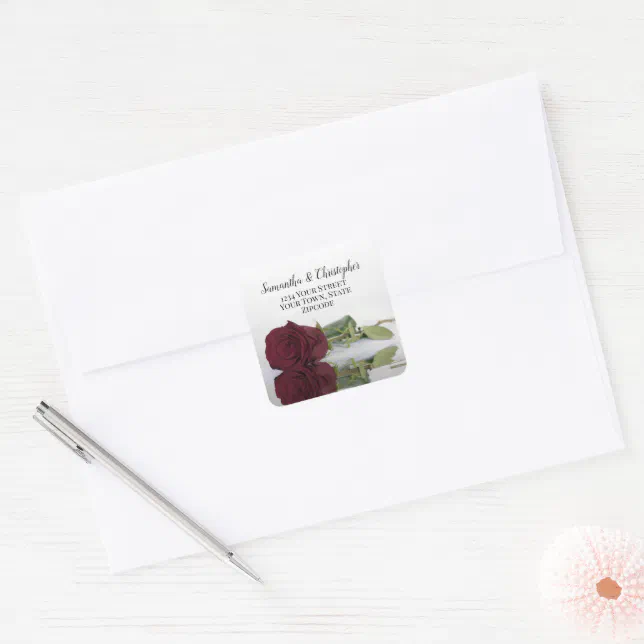 Elegant Burgundy Rose Wedding Return Address Seal | Zazzle