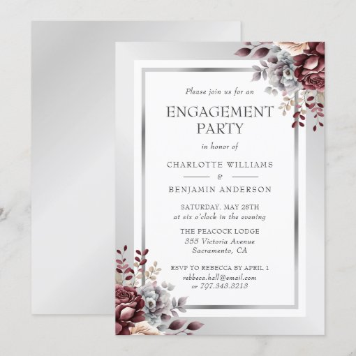 Elegant Burgundy Silver Floral Engagement Party Invitation | Zazzle