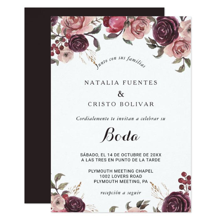 Elegant Burgundy Summer Floral Spanish Wedding Invitation | Zazzle.com