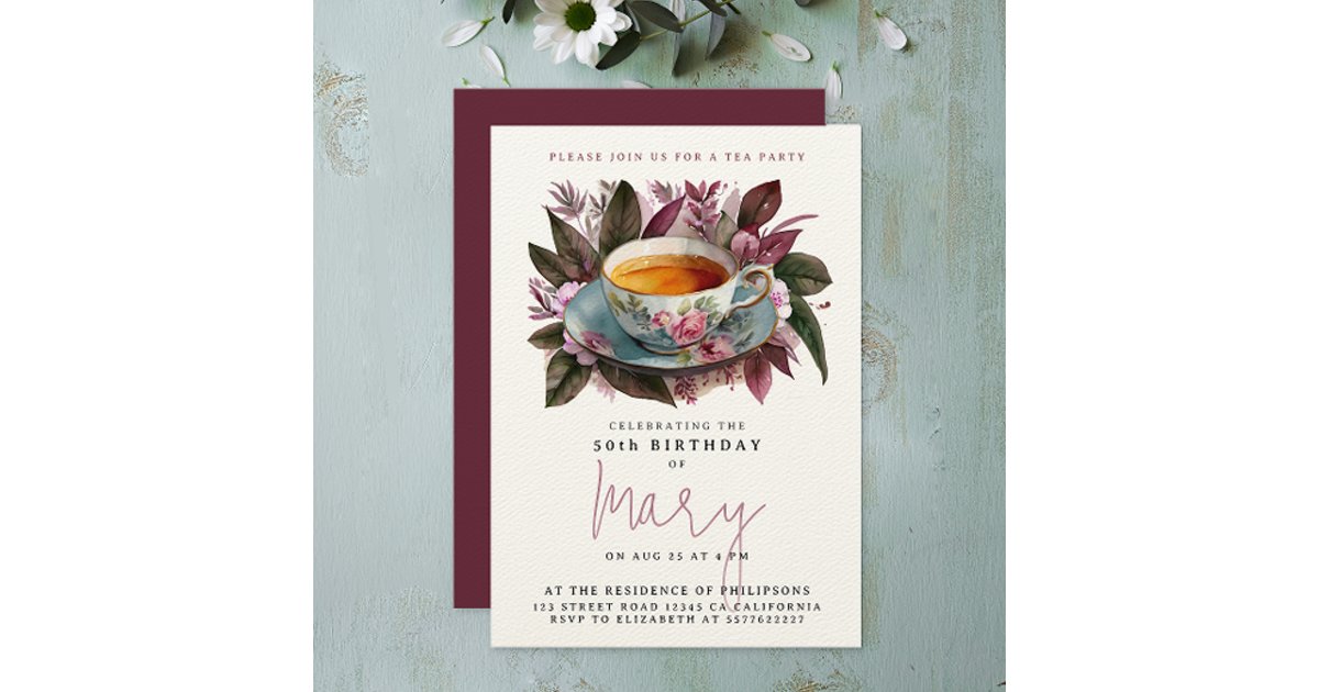 Elegant Burgundy Tea Party Floral Watercolor Invitation | Zazzle