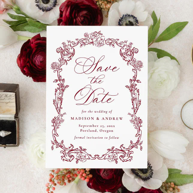 Elegant Burgundy Victorian Floral Frame Wedding Save The Date | Zazzle