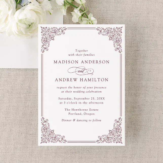 Elegant Burgundy Vintage Ornate Frame Wedding Invitation | Zazzle
