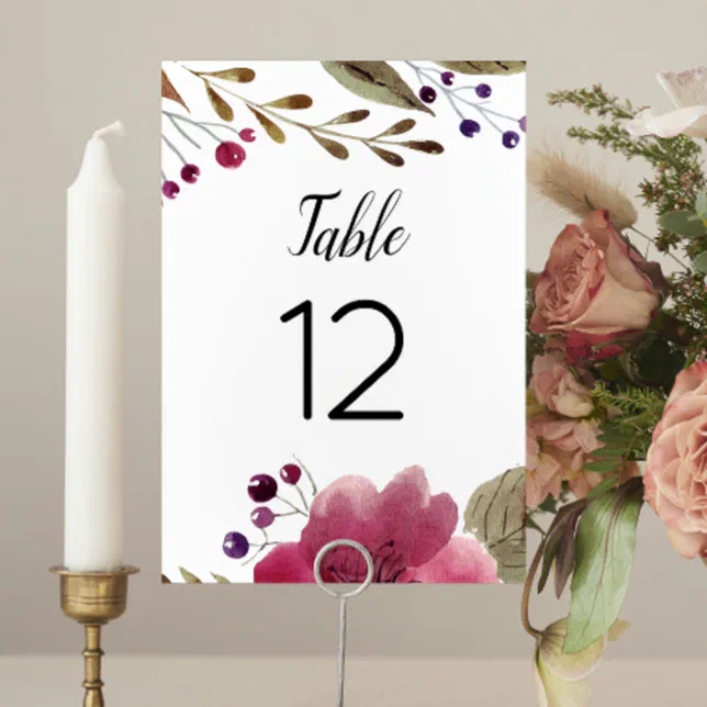 Elegant Burgundy Watercolor Flowers Wedding Table Number | Zazzle