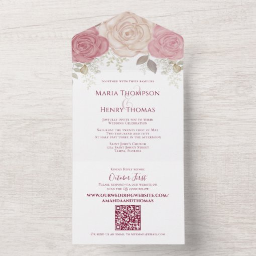 Elegant Burgundy Watercolor QR Code Guest Address All In One Invitation ...