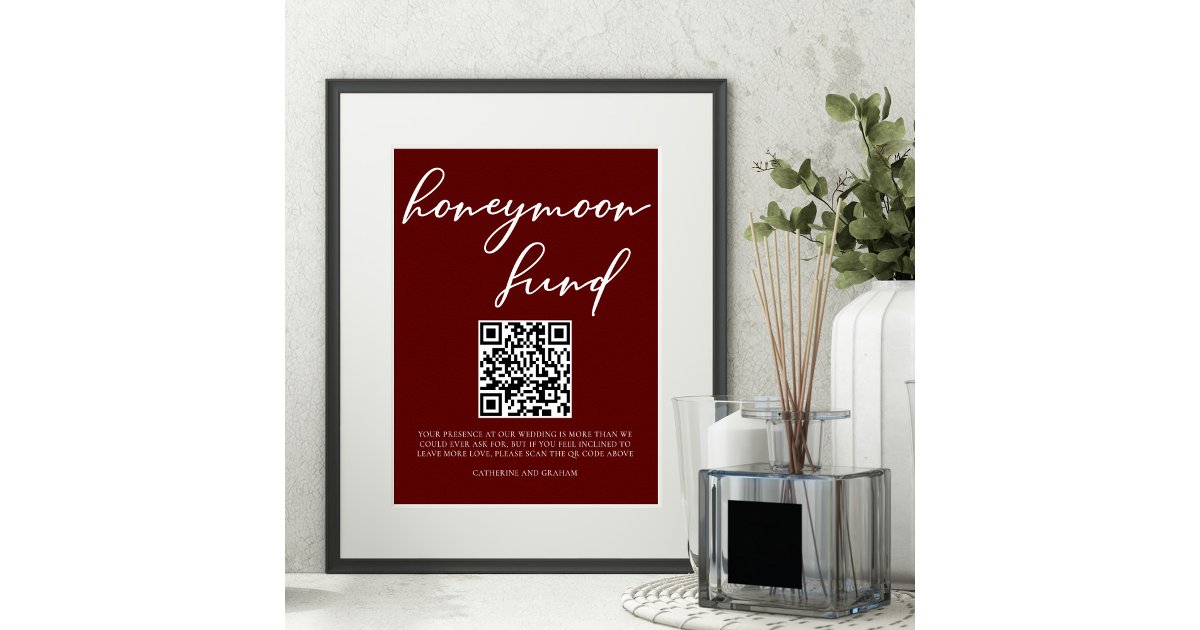 Elegant Burgundy Wedding Honeymoon Fund QR Code Poster | Zazzle