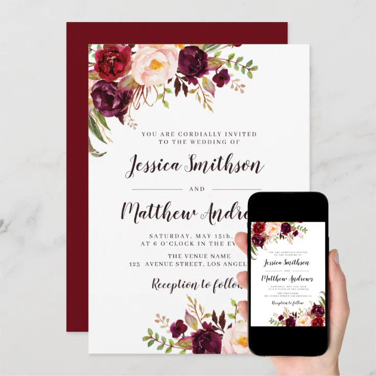 Elegant burgundy wedding invitation | Zazzle