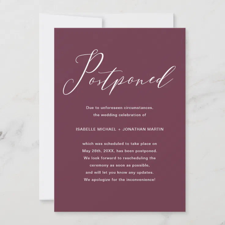 Elegant Burgundy Wedding Postponement Announcement | Zazzle