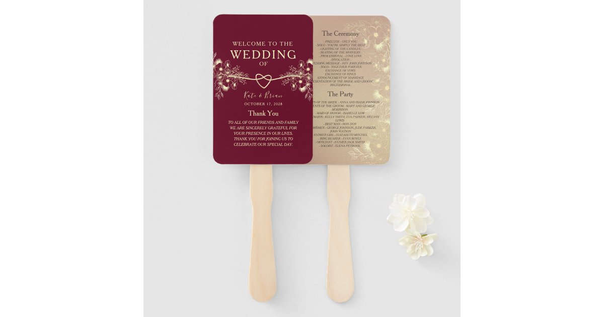 Elegant Burgundy Wedding Program Hand Fan | Zazzle