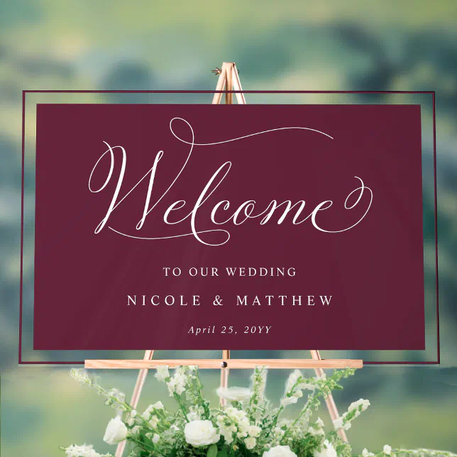 Elegant Burgundy Wedding Welcome Acrylic Sign | Zazzle