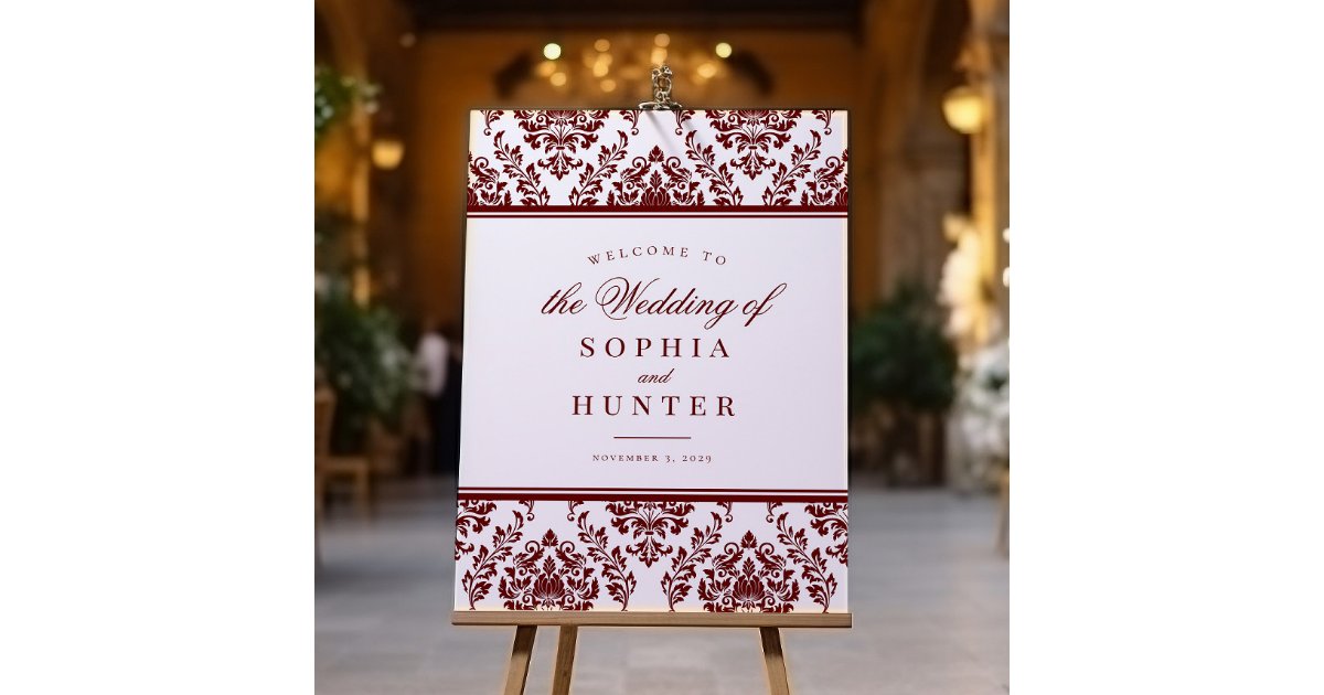 Elegant Burgundy White Damask Wedding Welcome Sign | Zazzle