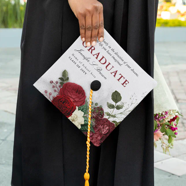Elegant Burgundy & White Floral Custom Graduate Graduation Cap Topper ...