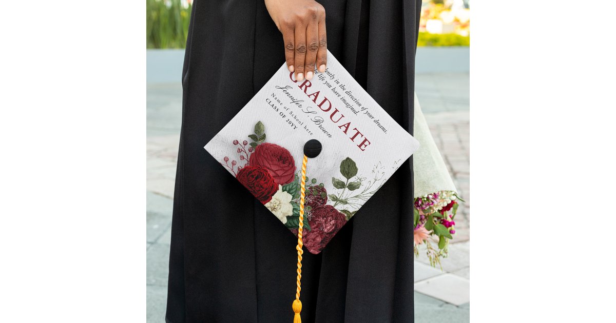 Elegant Burgundy & White Floral Custom Graduate Graduation Cap Topper ...