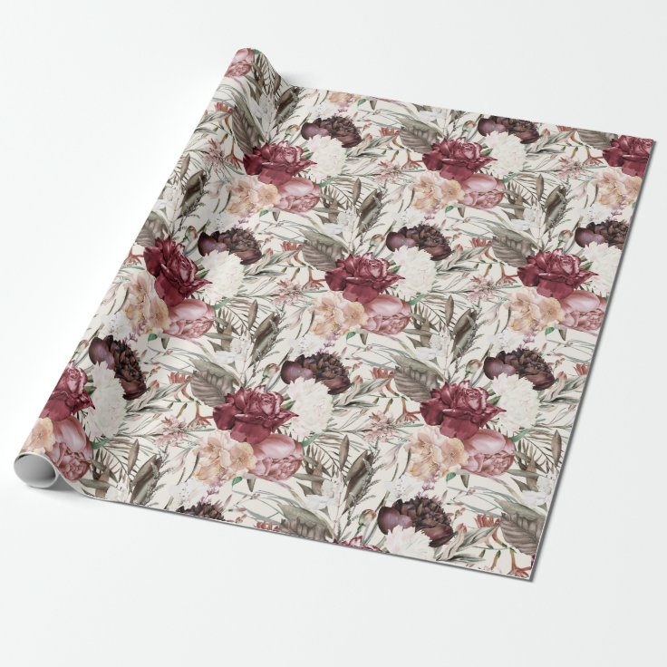 Elegant Burgundy Wine Cream Floral Greenery Wrapping Paper | Zazzle