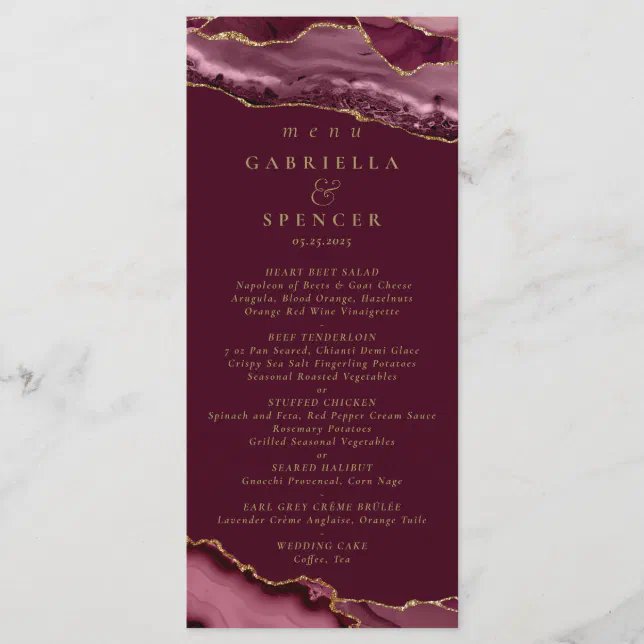 Elegant Burgundy Wine Gold Agate Wedding Menu | Zazzle
