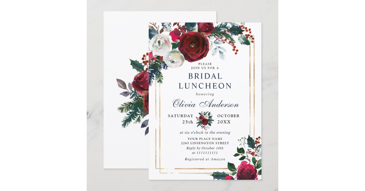 Elegant Burgundy Winter Roses BRIDAL LUNCHEON Invitation | Zazzle