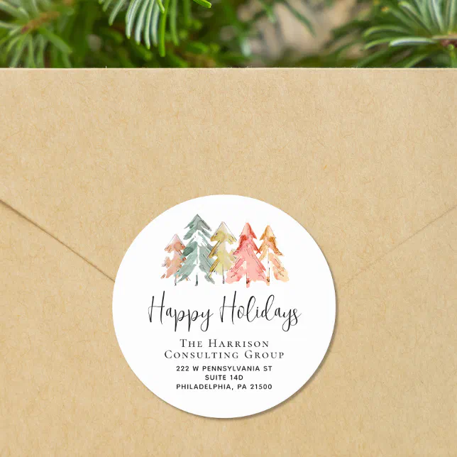 Elegant Business Christmas Holiday Return Address Classic Round Sticker ...
