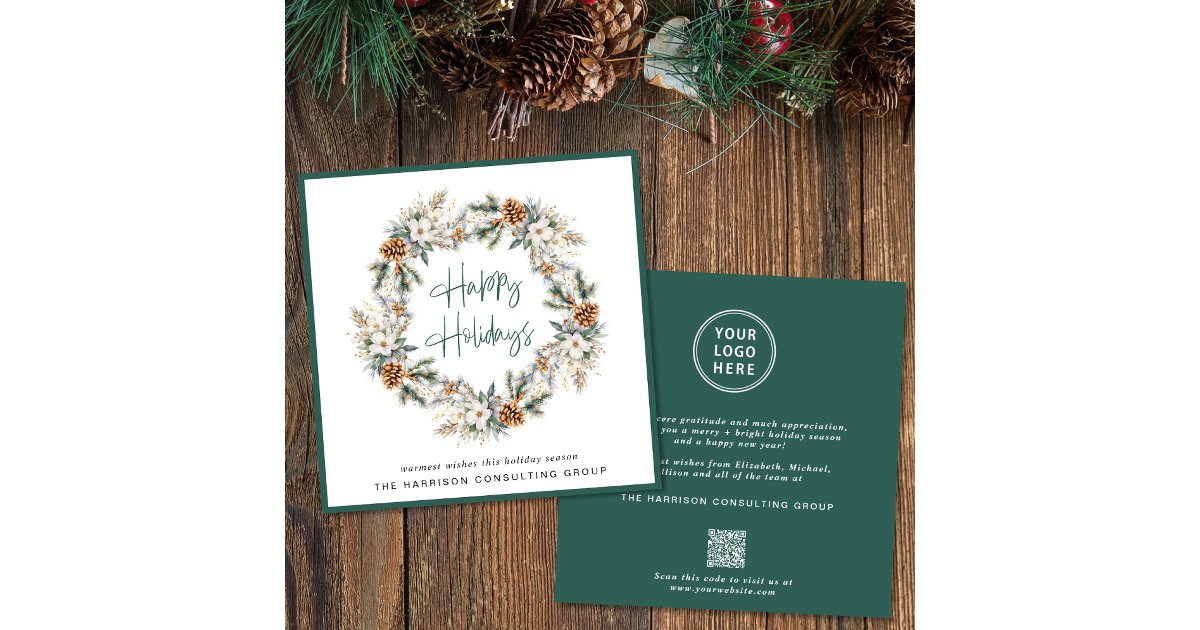 Elegant Business Logo QR Code Christmas Watercolor Holiday Card | Zazzle