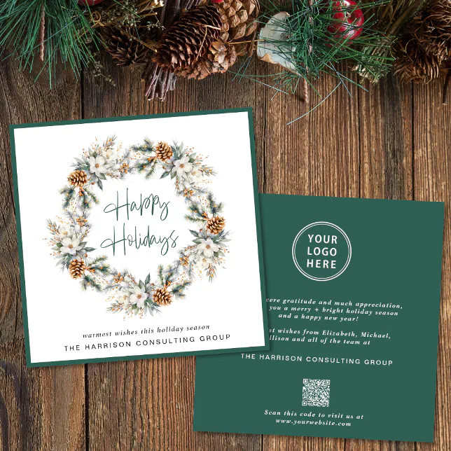 Elegant Business Logo QR Code Christmas Watercolor Holiday Card | Zazzle