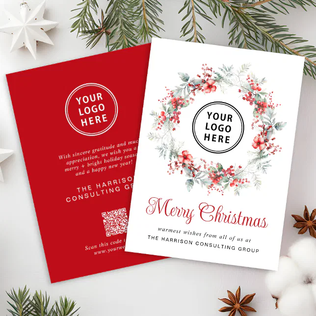 Elegant Business Logo QR Code Merry Christmas Holiday Card | Zazzle