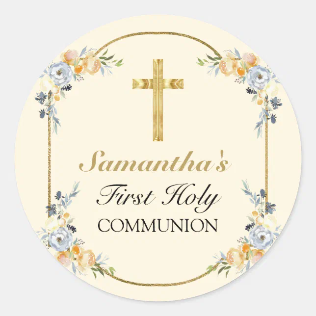 Elegant Buttercream Floral 1st Holy Communion Classic Round Sticker ...