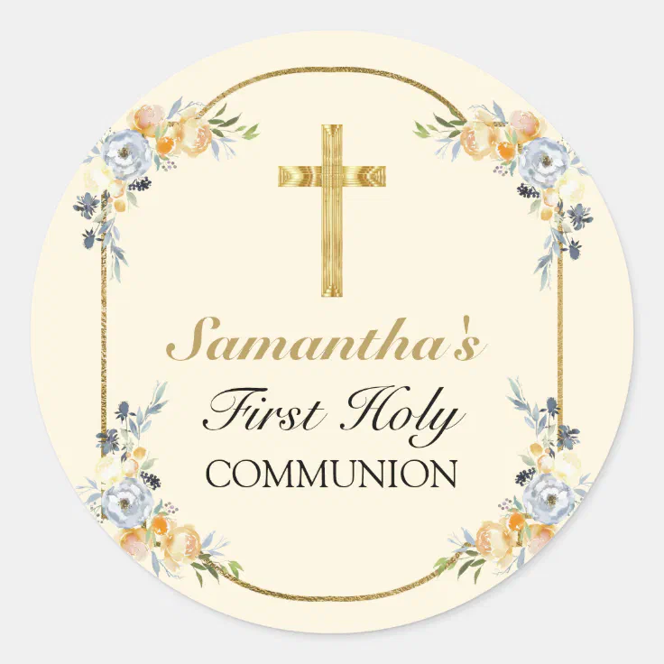 Elegant Buttercream Floral 1st Holy Communion Classic Round Sticker ...