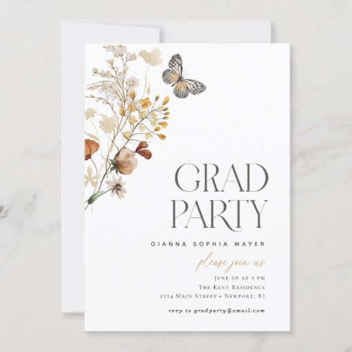 Elegant Butterfly Wildflower Graduation Invitation | Zazzle