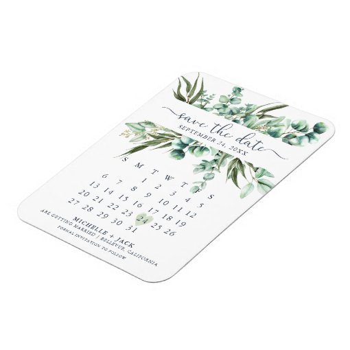 Elegant Calendar Eucalyptus Save The Date Magnet | Zazzle