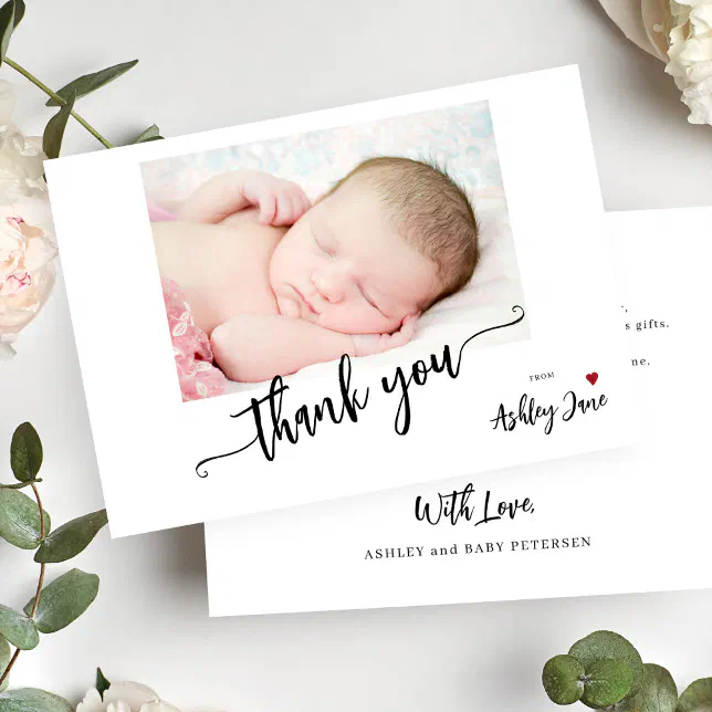 Elegant calligraphy baby shower photo thank you card | Zazzle