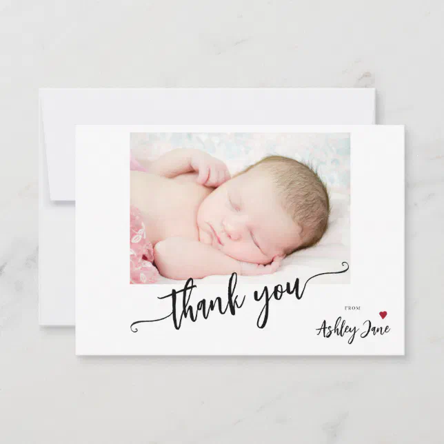 Elegant calligraphy baby shower photo thank you card | Zazzle
