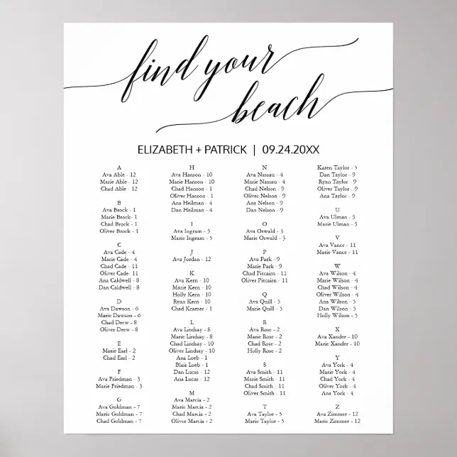 Elegant Calligraphy Beach Theme Seating Chart | Zazzle